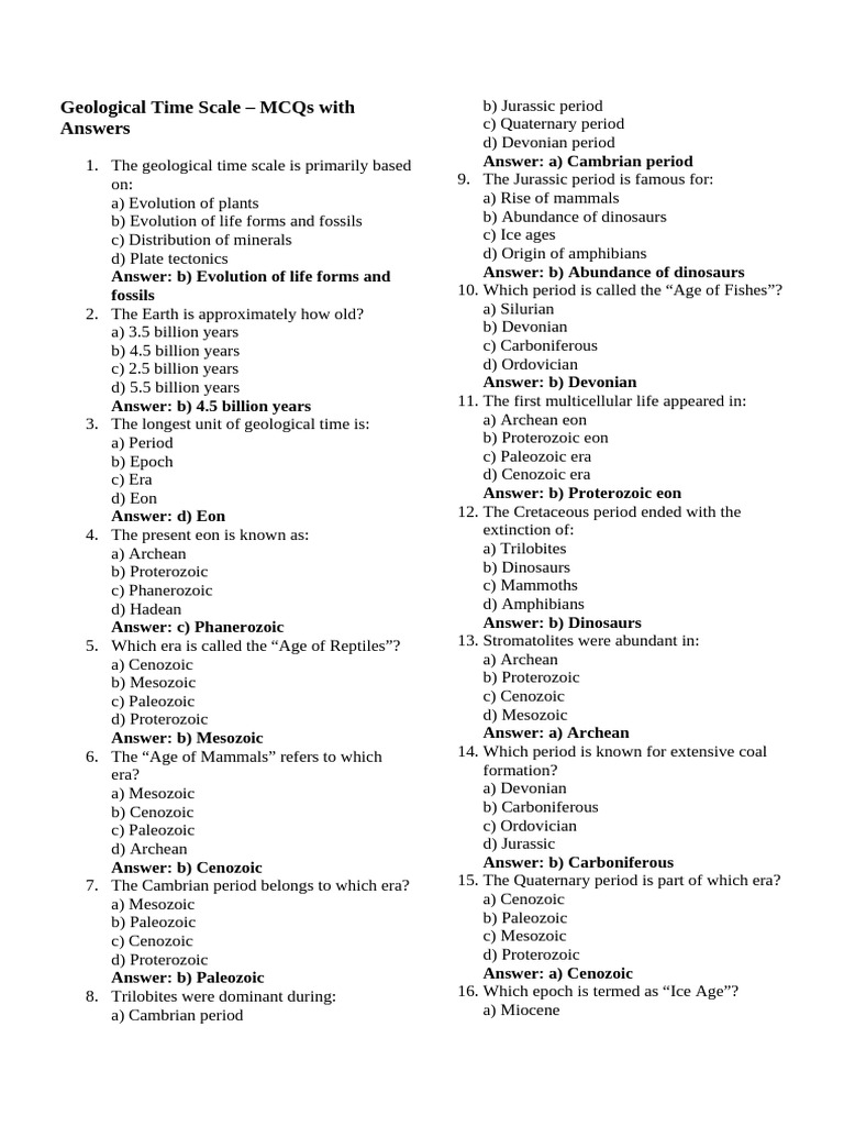 Geological Time Scale MCQs & Answers | PDF | Homo | Earth Sciences