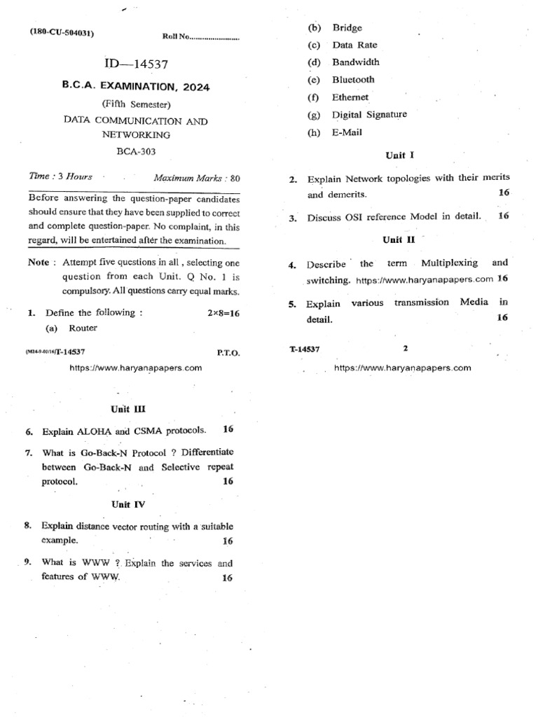 Bca 5 Sem Data Communication and Networking 14537 2024 | PDF
