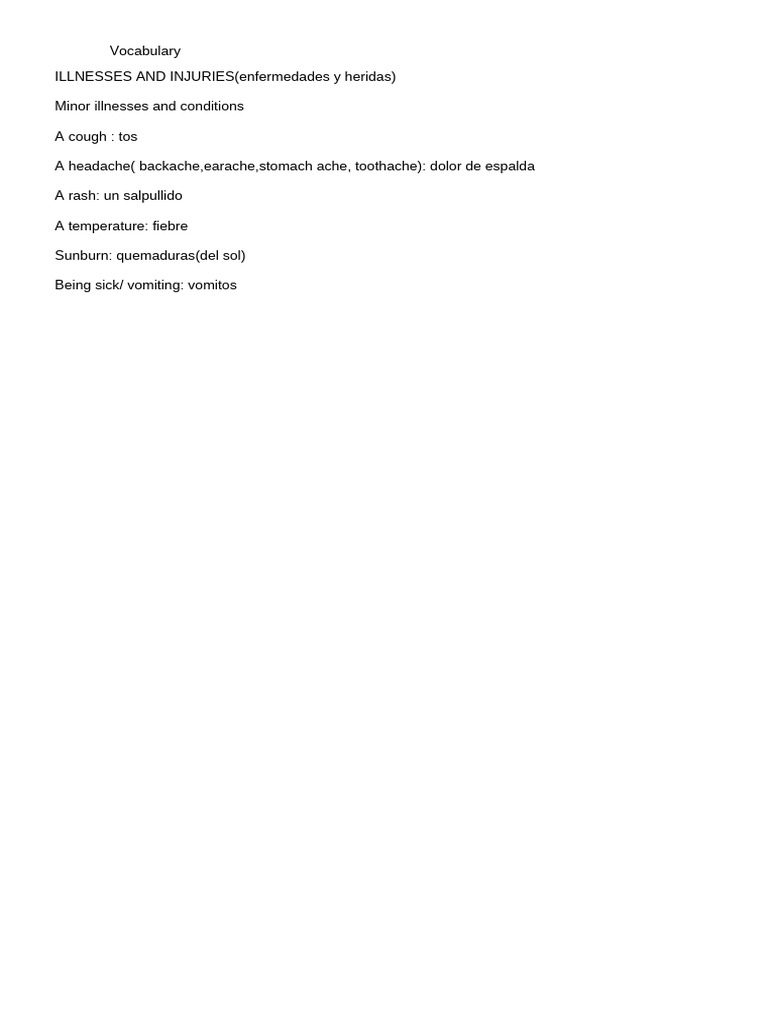 Common Illnesses and Injuries Vocabulary | PDF