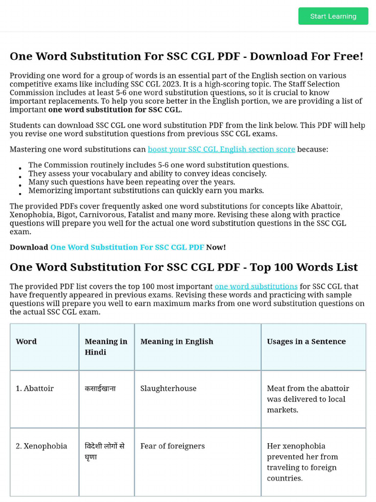 One Word Substitution For SSC CGL PDF - Download For Free! | PDF