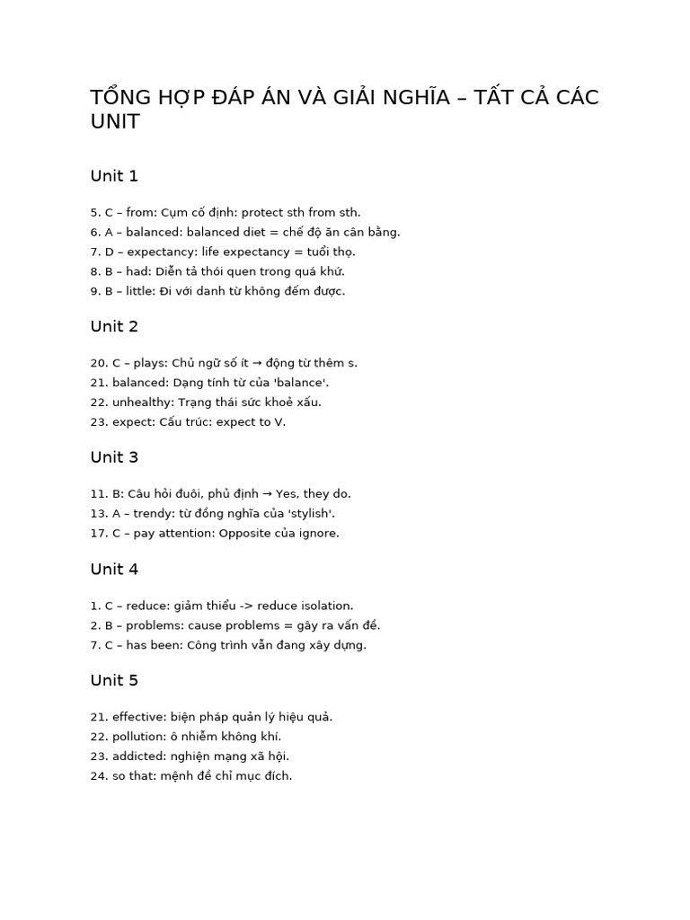 Tong Hop Dap An Full Units | PDF