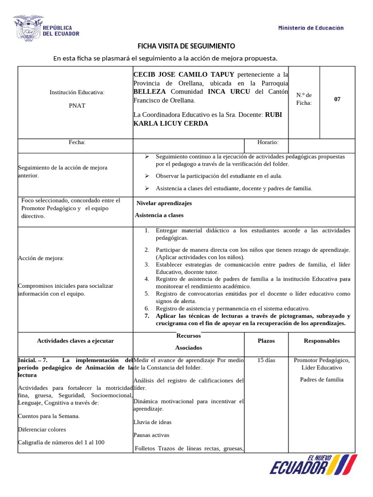 Ficha Visita de Seguimiento 7 | PDF | Maestros | Aprendizaje