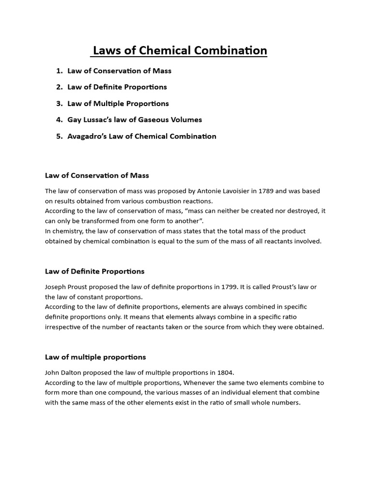 Key Laws of Chemical Combination | PDF | Gases | Mole (Unit)