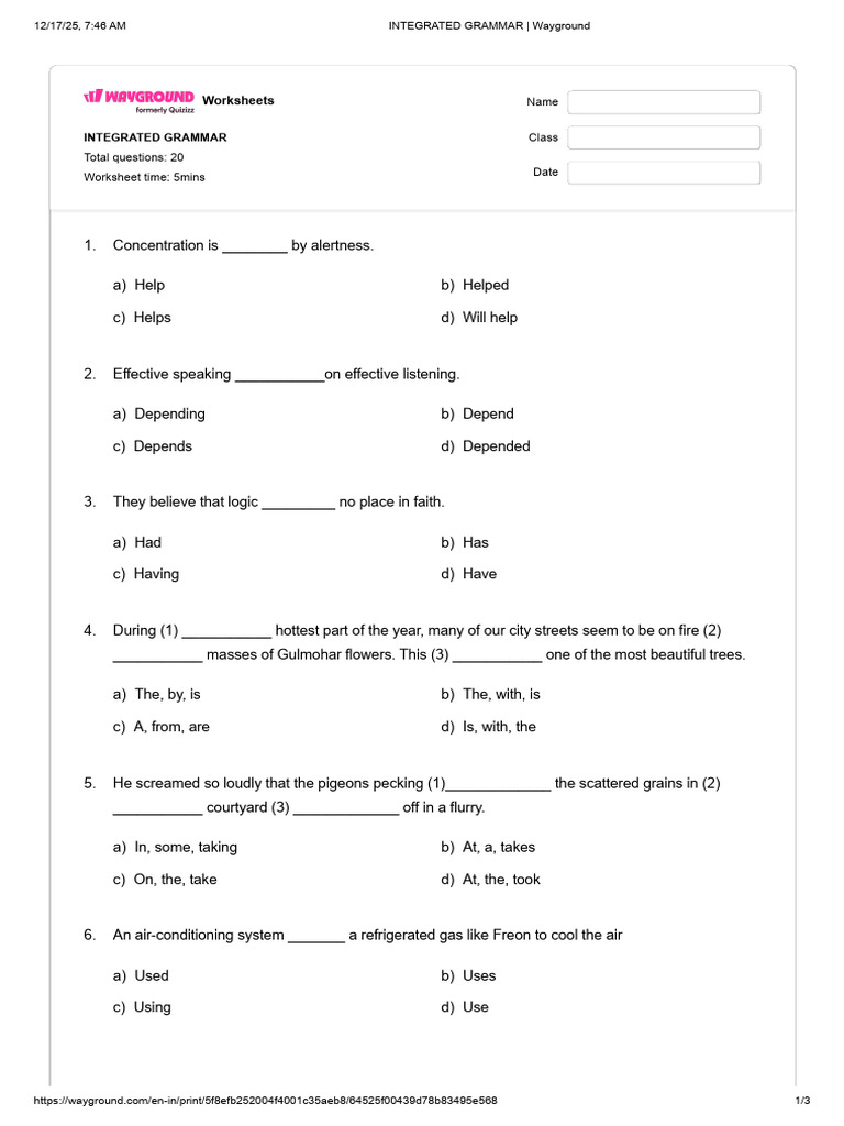Integrated Grammar Worksheets for Students | PDF