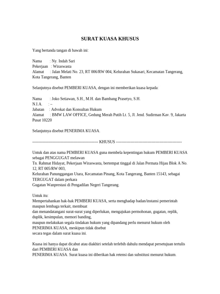 Surat Kuasa Khusus Gugatan Wanprestasi | PDF