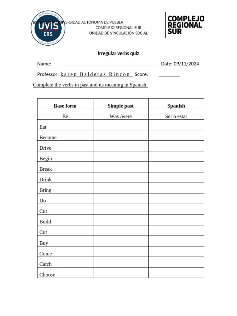 Irregular Verbs Quiz | PDF