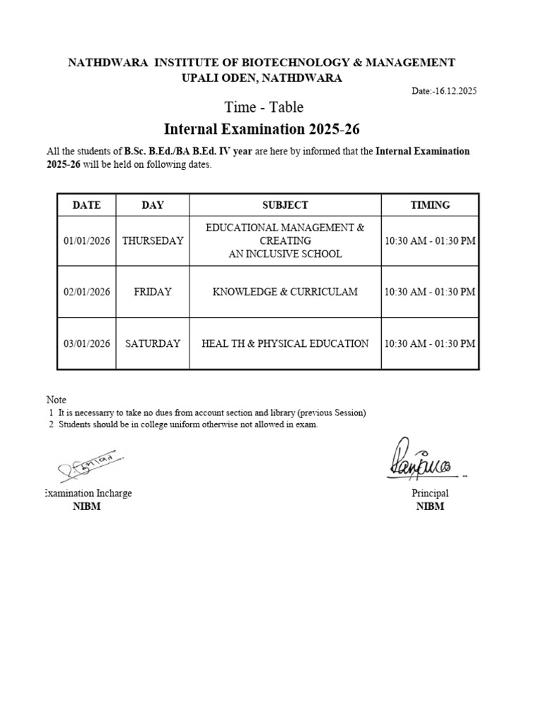 Internal Examination Time - Table of B.sc. B.ed. & B.A. B.ed. IV Year | PDF