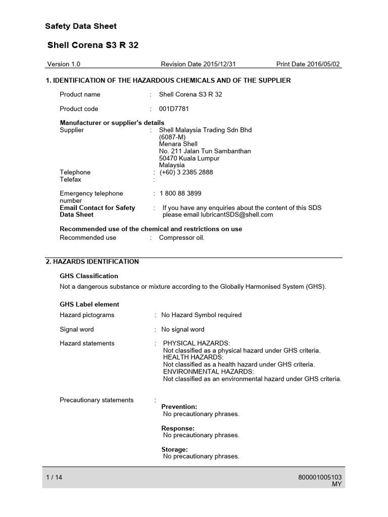 Shell Corena S3 R 32 Safety Data Sheet | PDF | Toxicity | Occupational ...