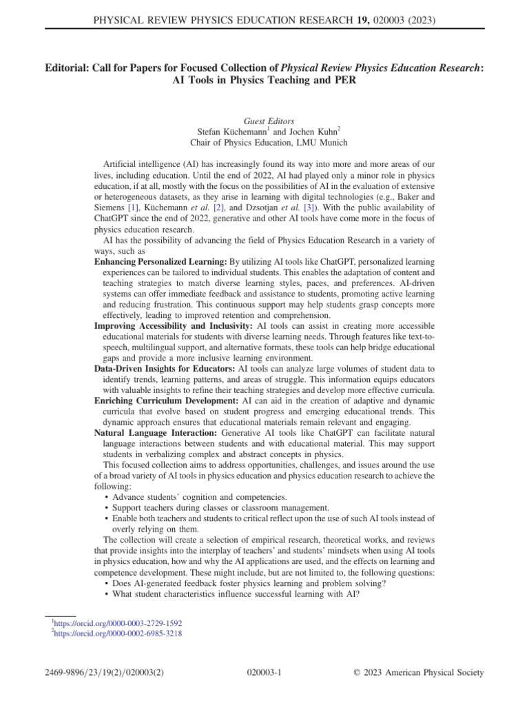 Editorial Call For Papers For Focused Collection of Physical Review ...
