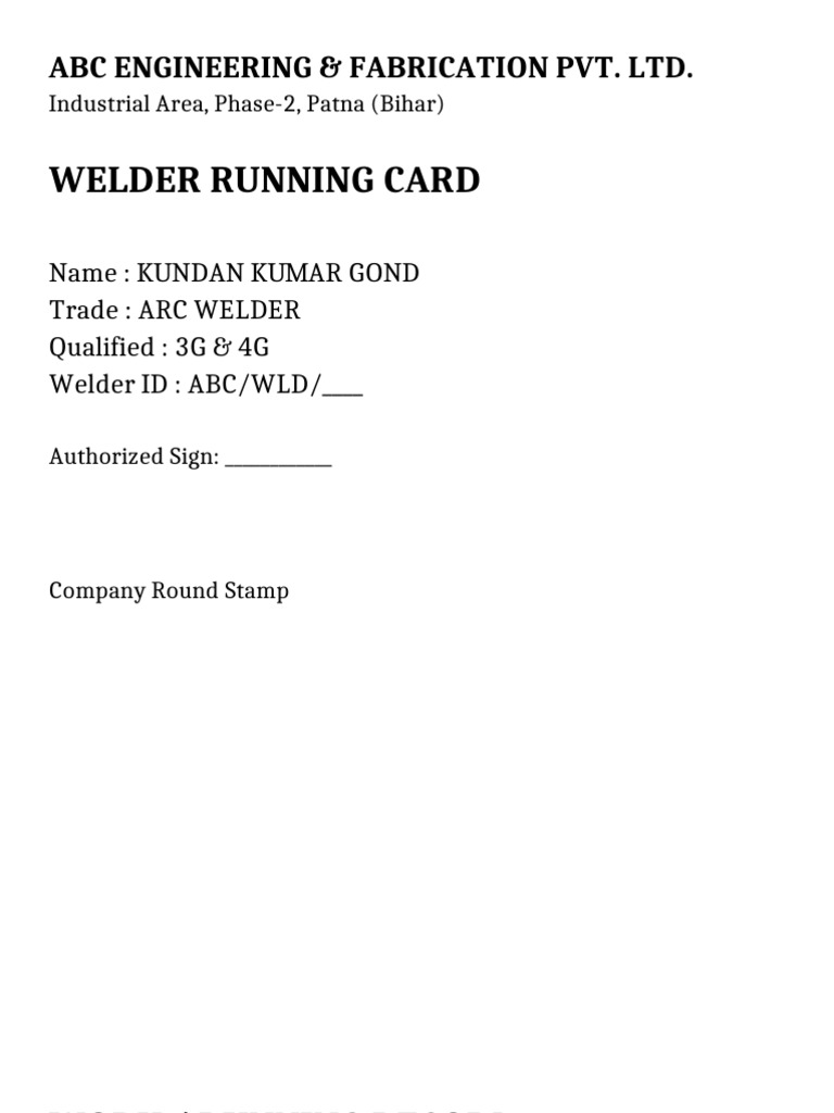 Welder Running Card PVC Front Back | PDF