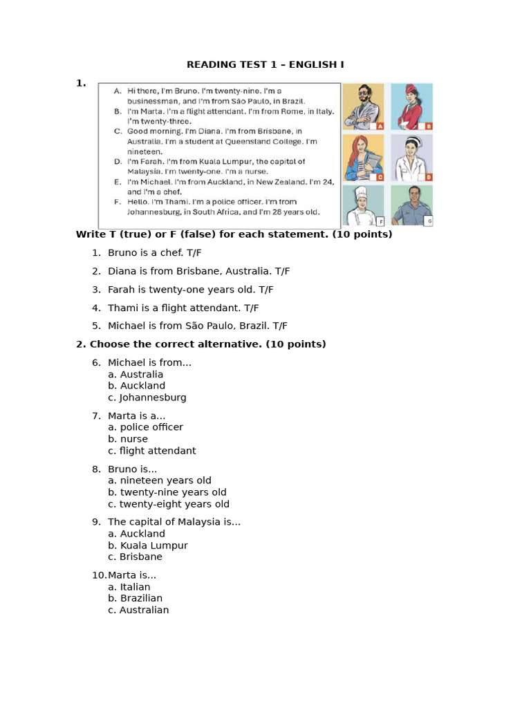 English I Reading Test Questions | PDF