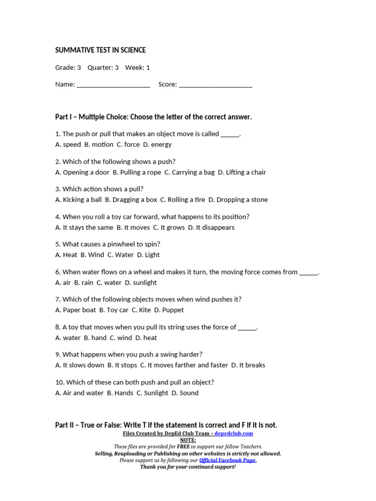 Grade 3 Science Summative Test | PDF | Force