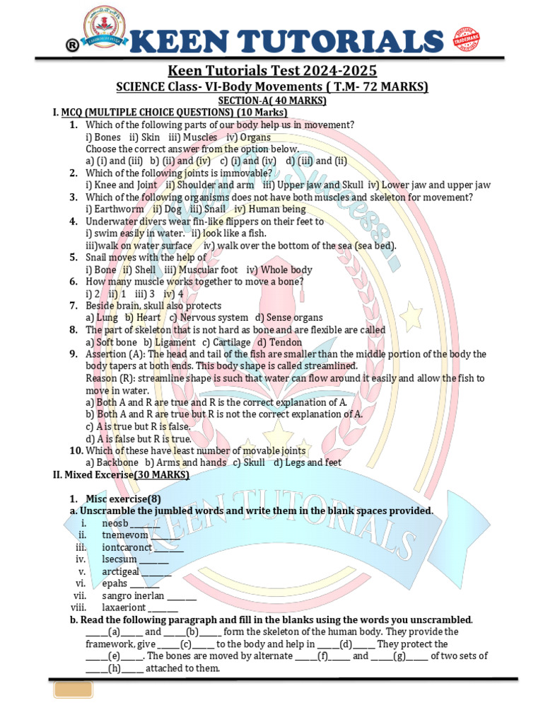 KT Test Class VI Body Movements Science 2024-25 | PDF | Skeleton | Joint