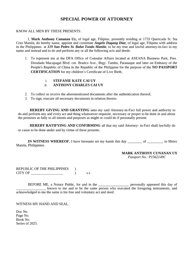 Spa No Passport Cert Mark Anthony Cunanan Uy | PDF