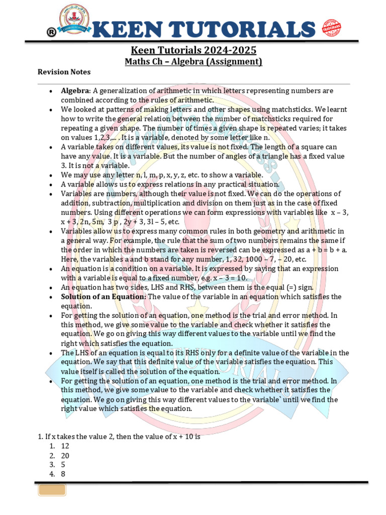 KT Maths Class VI CH - Algebra | PDF | Variable (Mathematics) | Equations
