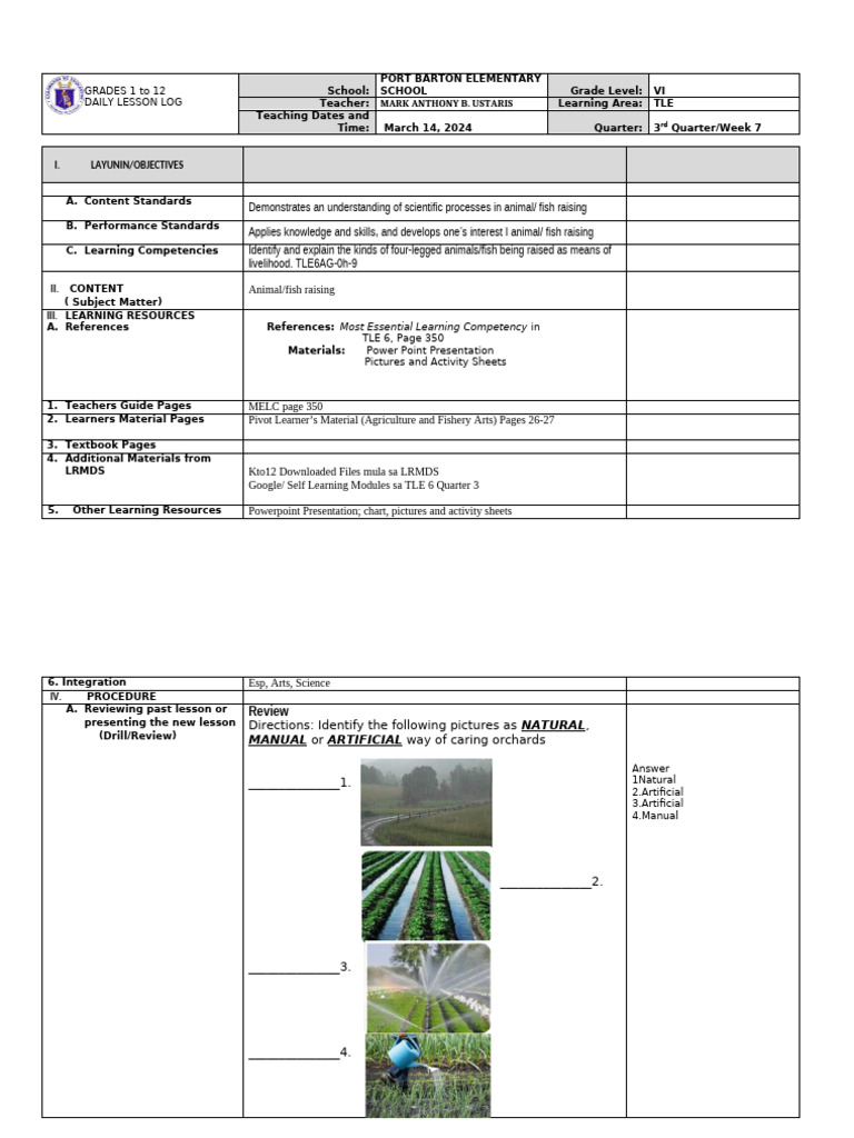 Lesson Plan in TLE 6 - Animal/Fish Raising | PDF | Meat | Cattle