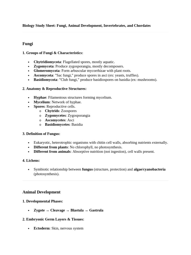 Bio182 Animal Study Sheet | PDF | Fungus | Invertebrate
