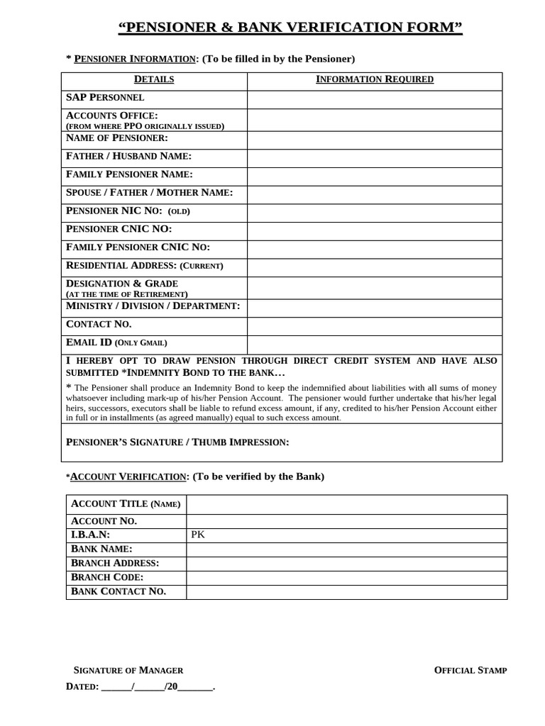 Pensioner Bank Verification Form | PDF