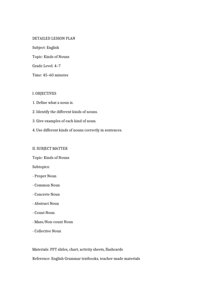 Kinds of Nouns Lesson Plan | PDF
