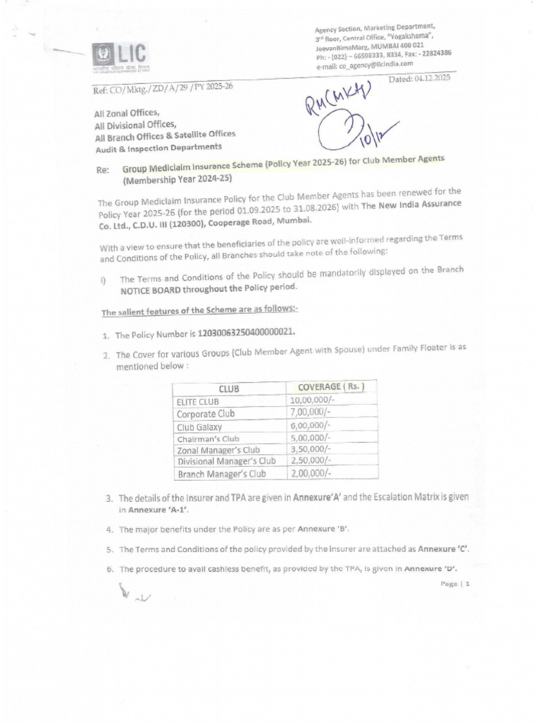 Group Mediclaim Insurance Scheme (Policy Year 2025-26) For Club Member ...