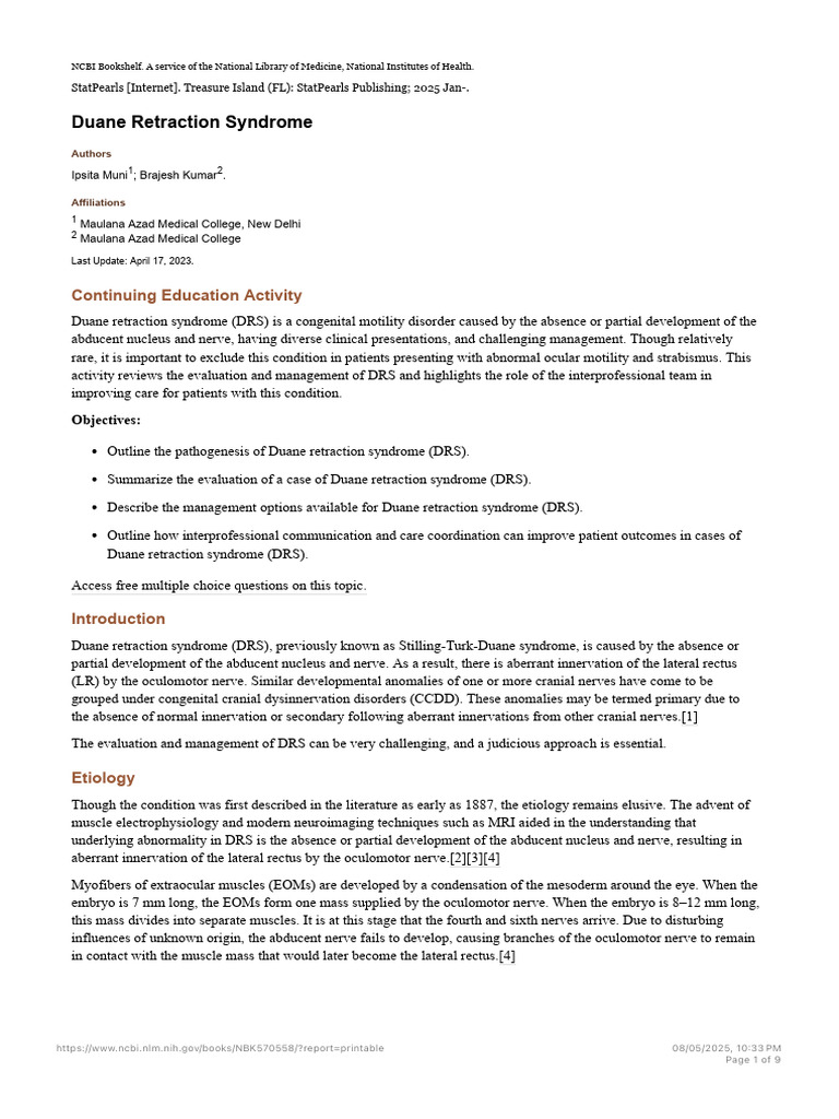 Duane Retraction Syndrome - StatPearls - NCBI Bookshelf | PDF ...