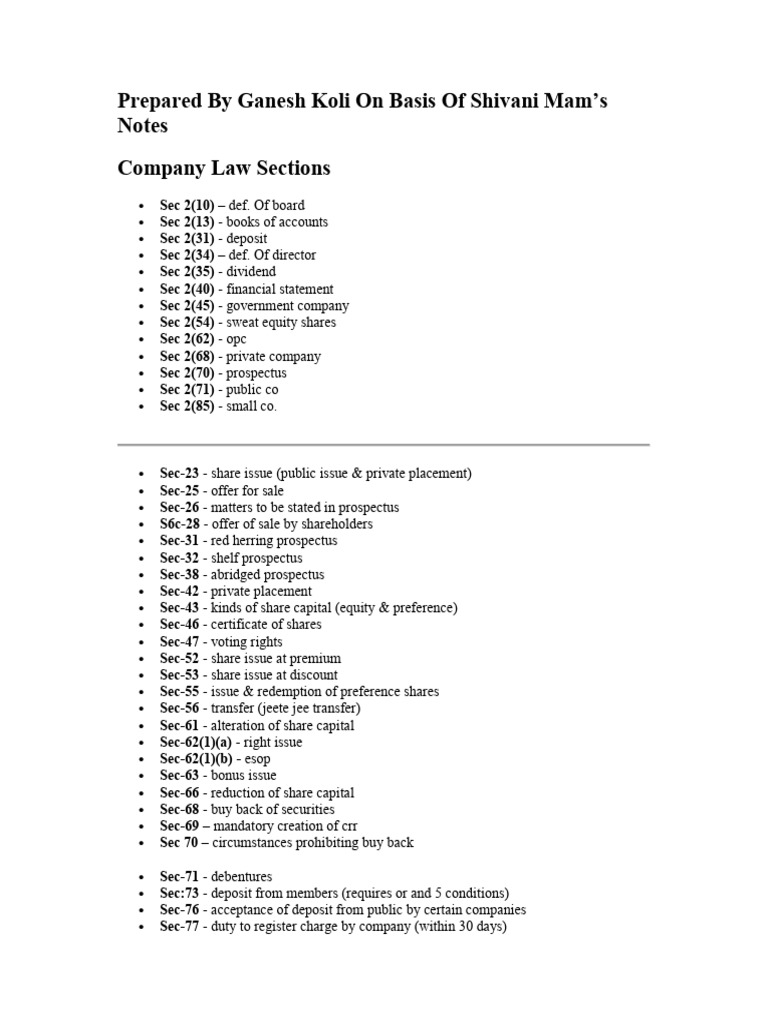 Company Law Section List 1 | PDF | Stocks | Audit