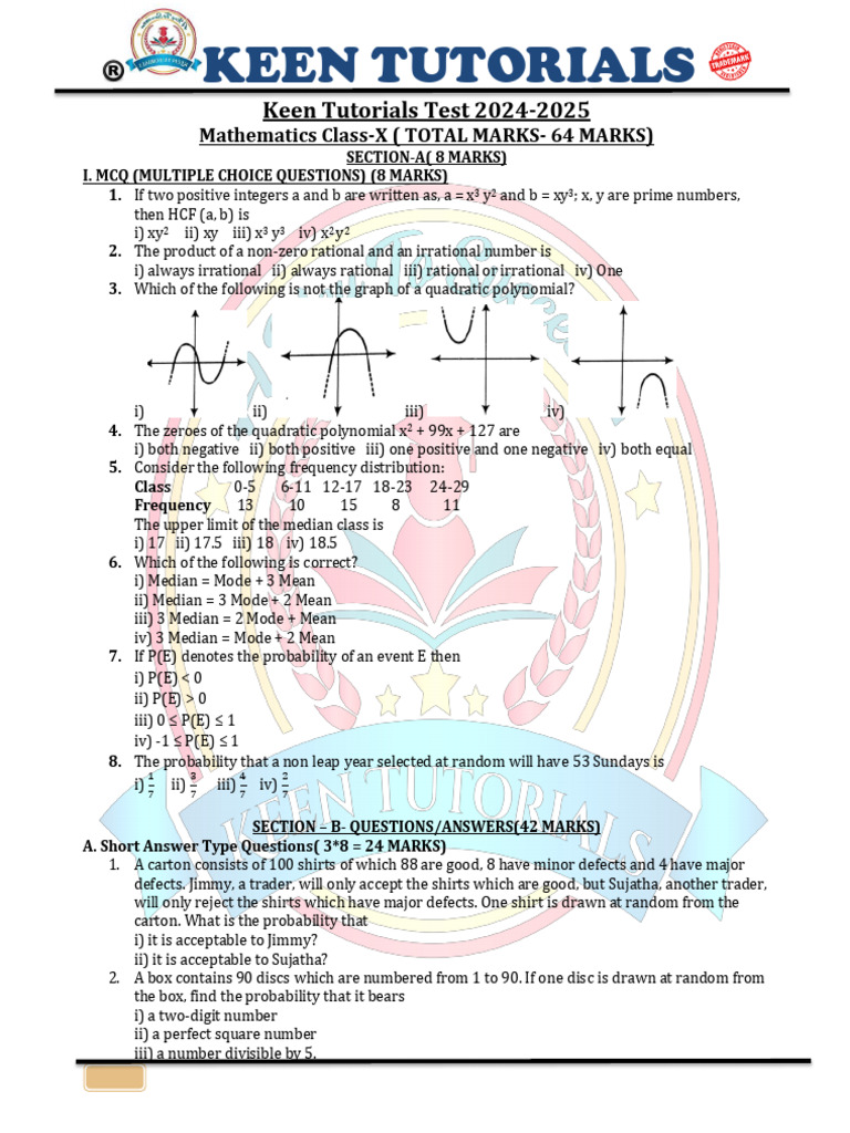 KT Test Maths Class X 2024-25 | PDF | Polynomial | Rational Number