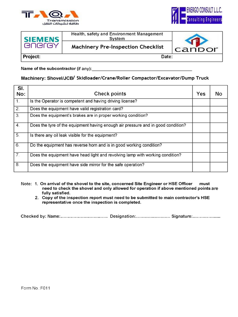 Pre-Inspection Checklist For All Machineries | PDF