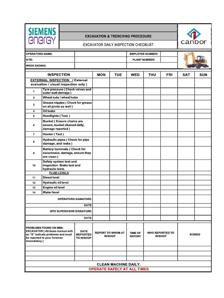 Excavator Checklist | PDF