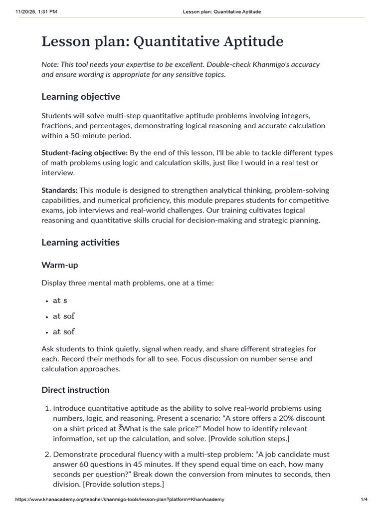 Lesson Plan - Khan Academy 1 | PDF | Numbers | Lesson Plan