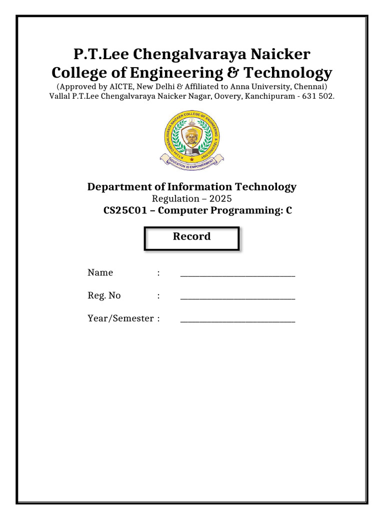 C Programming Lab Record 2025-2026 | PDF | Pointer (Computer ...