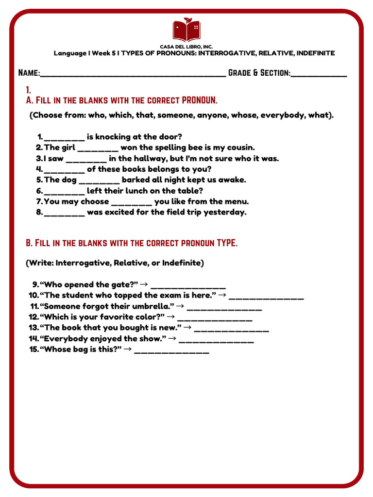 Types of Pronouns Interrogative Relative Indefinite | PDF