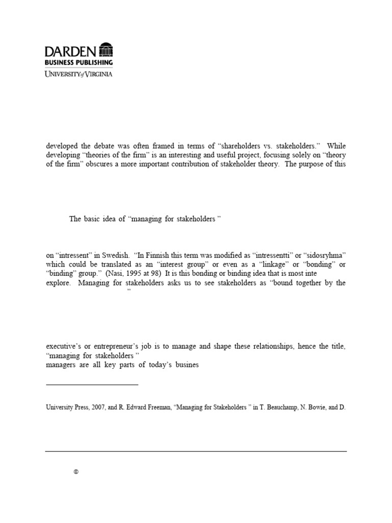 Freeman - Managing For Stakeholders | PDF | Stakeholder (Corporate ...