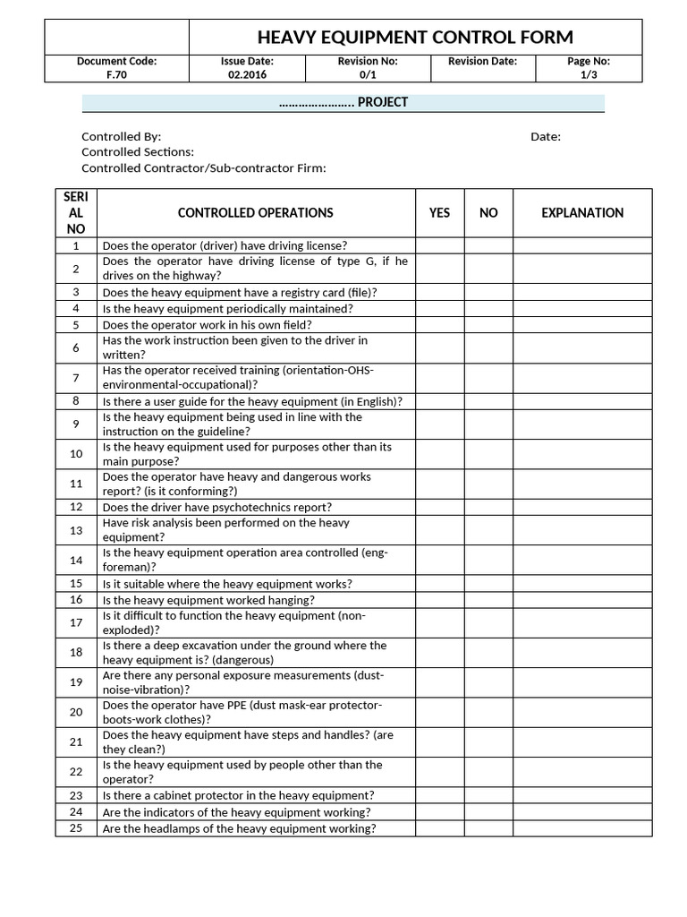 Heavy Equipment Safety Control Checklist | PDF | Vehicles | Transport
