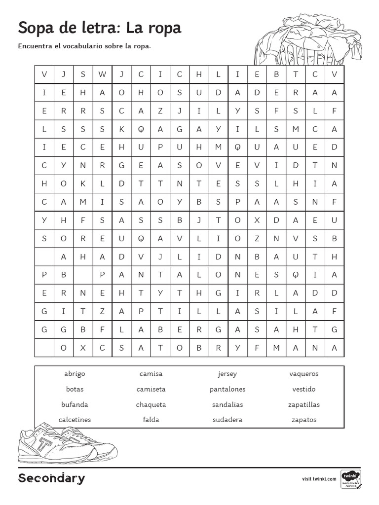 Sopa de letra: vocabulario de ropa | PDF | Cuerpo humano | Tendencias ...