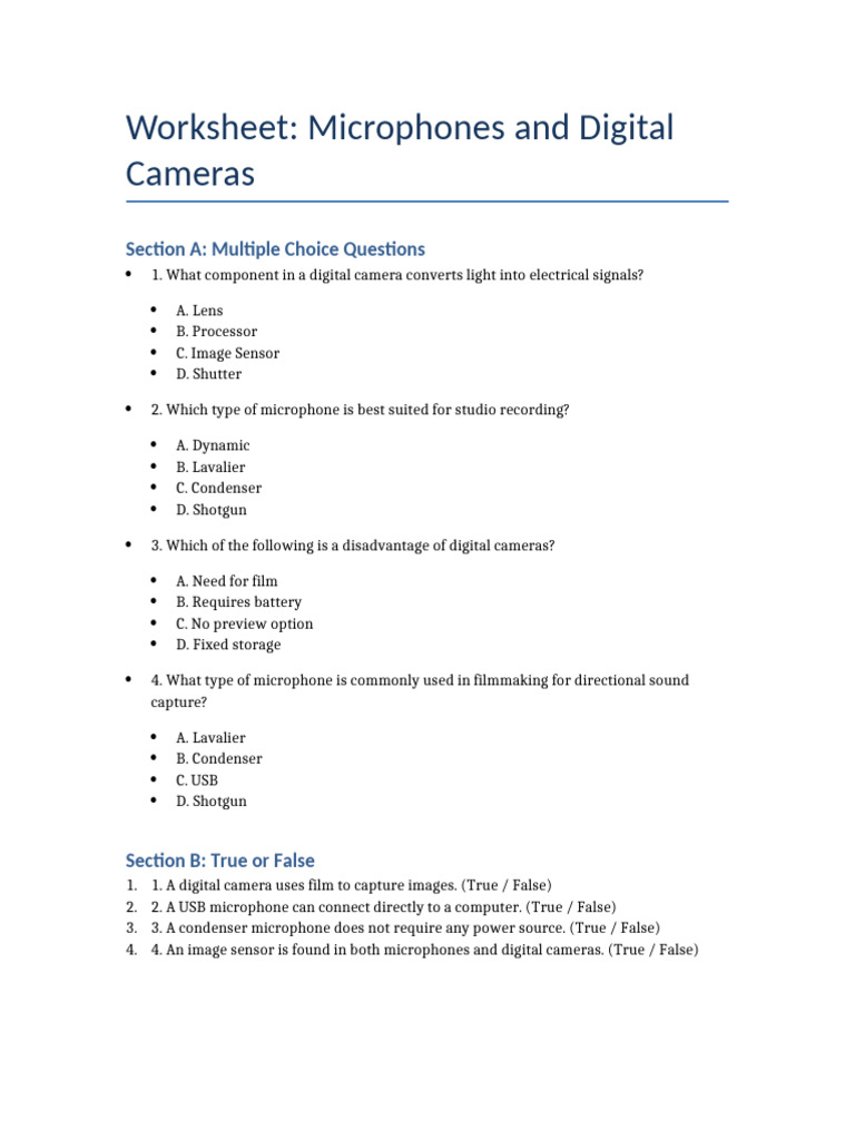 Microphones and Digital Cameras Quiz | PDF