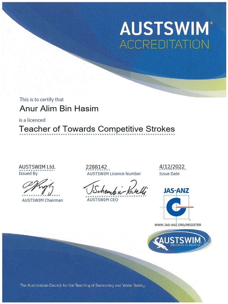 AUSTSWIM License for Anur Alim Bin Hasim | PDF