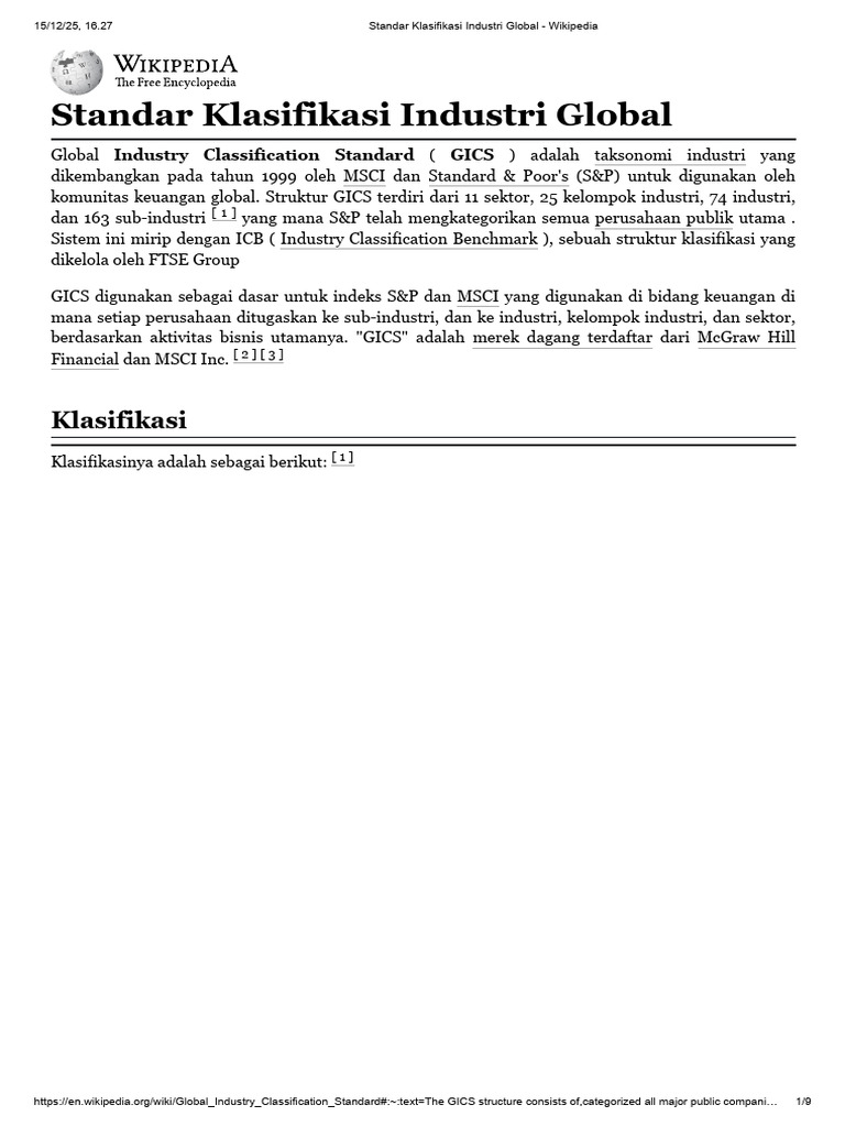 Standar Klasifikasi Industri Global - Wikipedia | PDF