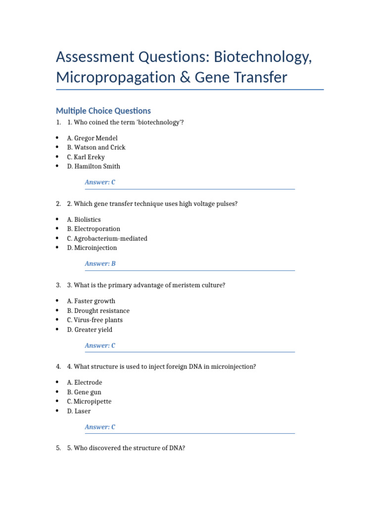 Biotech Micropropagation GeneTransfer Questions | PDF | Genetics | Biology