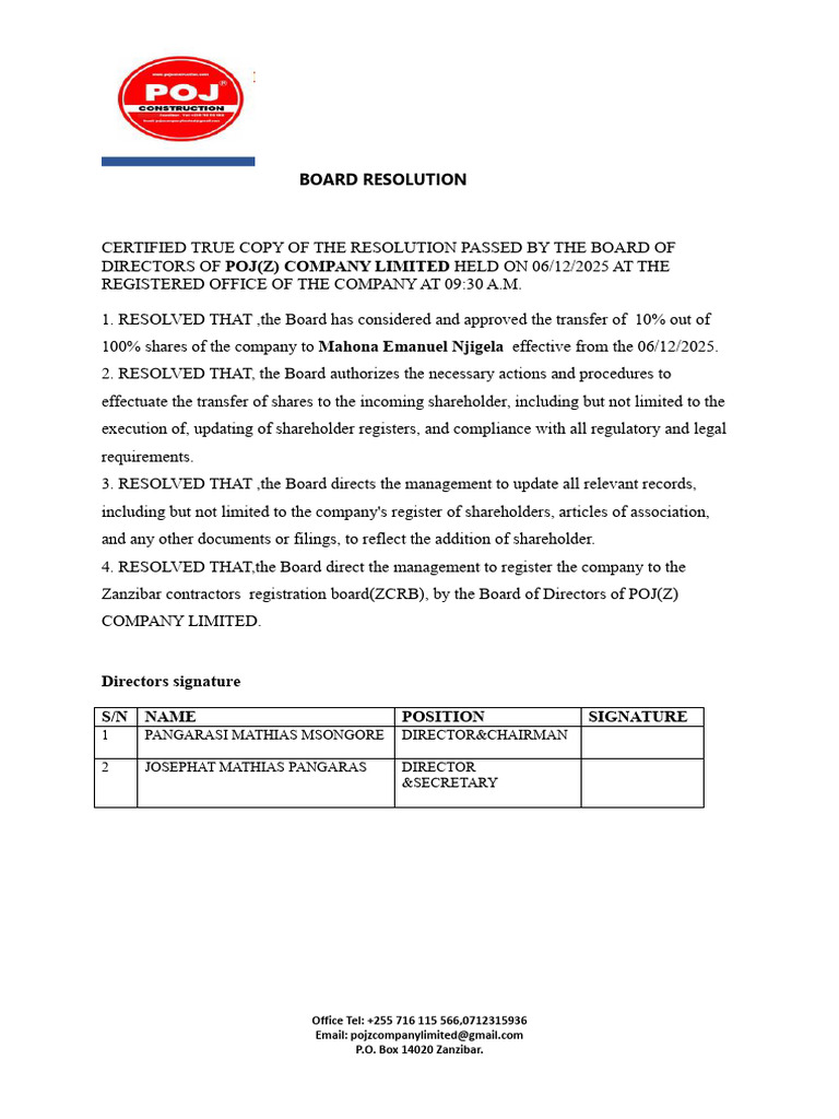 Board Resolution for Share Transfer at POJ(Z) Company | PDF