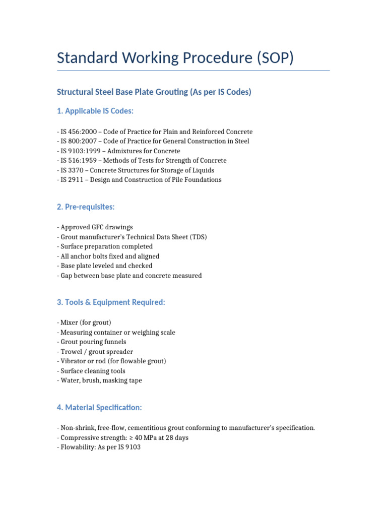 SOP for Structural Steel Grouting | PDF | Concrete | Civil Engineering