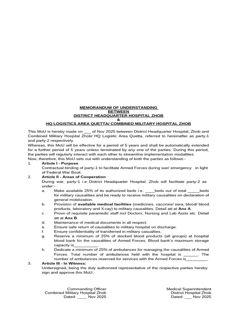 Memorandum of Understanding of CMH Zhob and DHQ Zhob | PDF | Health ...