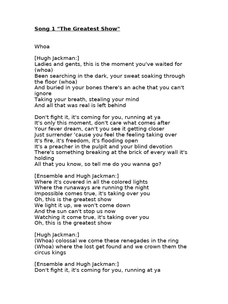 Greatest Show Songs Lyrics Summary | PDF