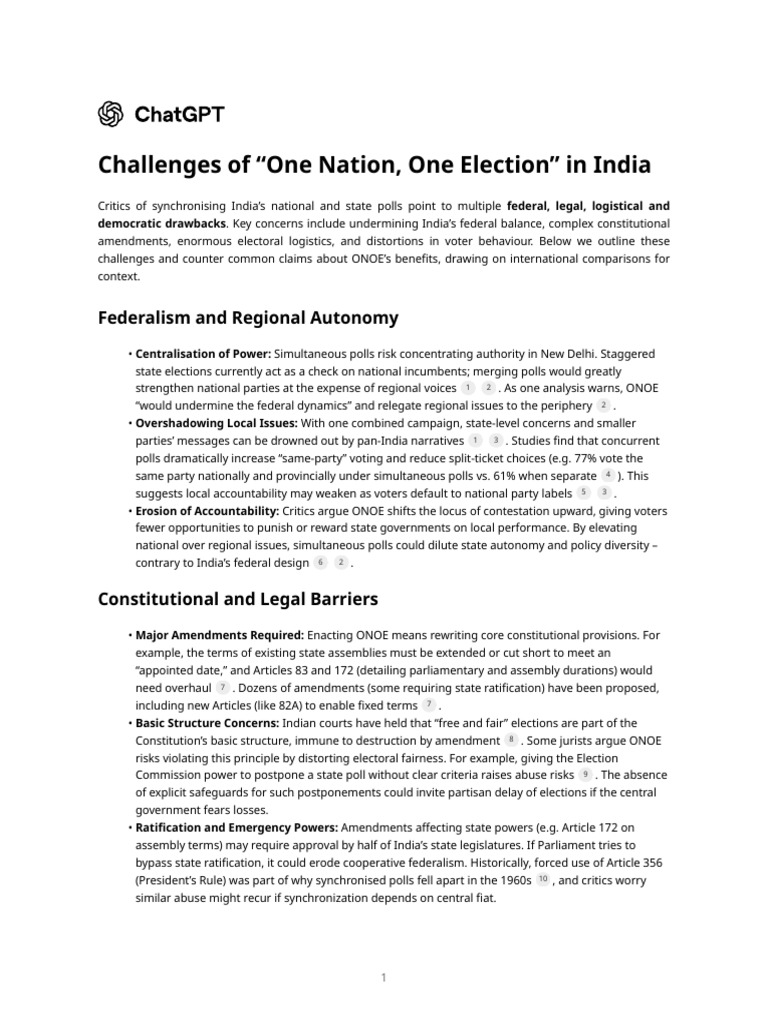 Challenges of "One Nation, One Election" in India | PDF | Elections ...