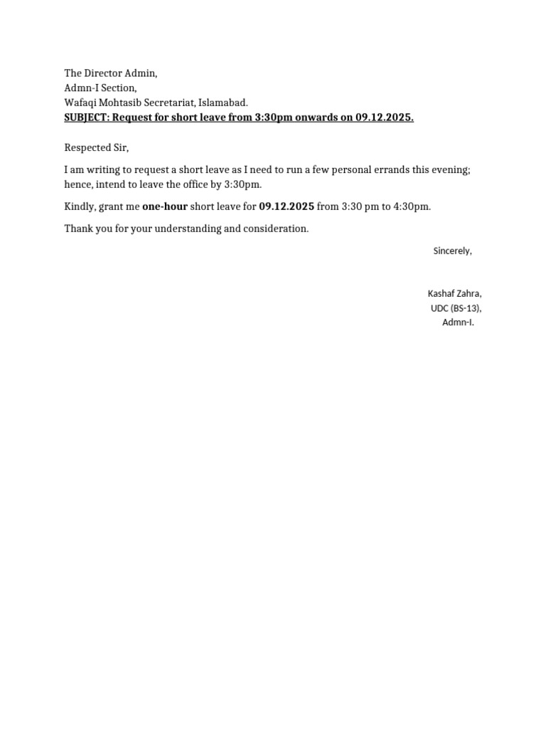 Short Leave Requests by Kashaf Zahra | PDF