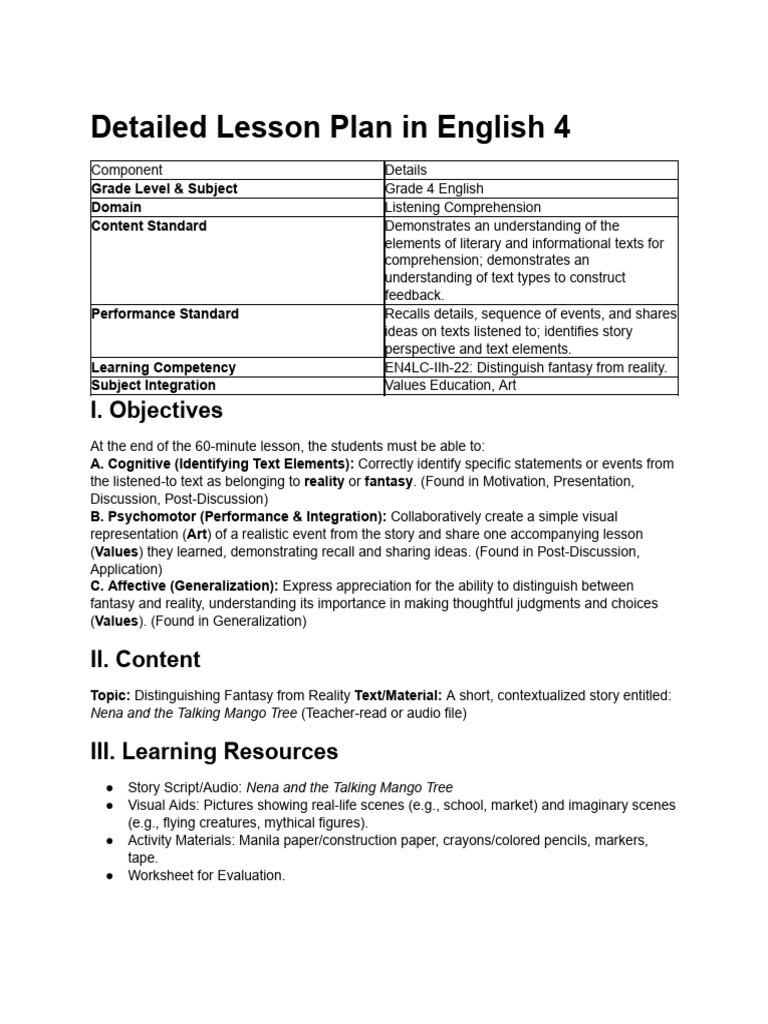 Lesson Plan: Fantasy vs. Reality in Grade 4 | PDF | Reality | Affect ...