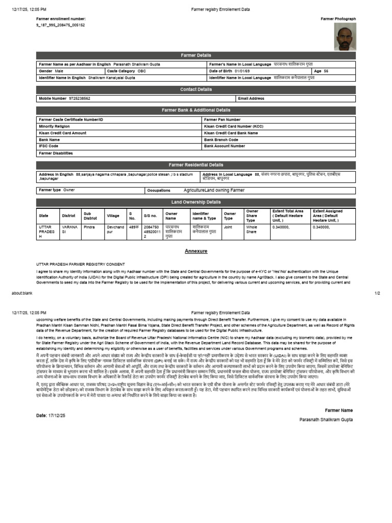 Parasnath Farmer Registry Enrollement Data | PDF