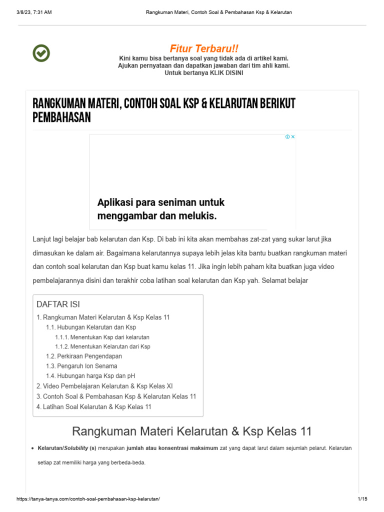 Rangkuman Ksp dan Kelarutan Kelas 11 | PDF