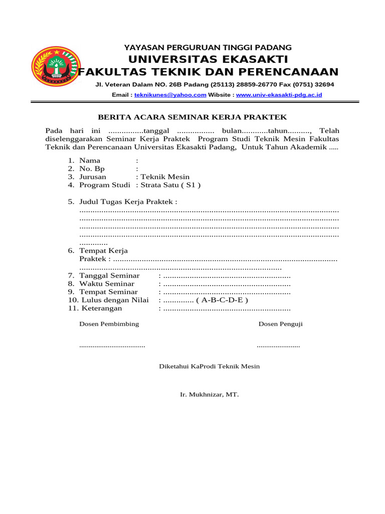 Berita Acara Seminar Kerja Praktek Teknik Mesin | PDF