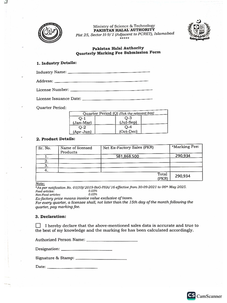 Filled Marking Fee Submission Fee Form - PHA | PDF